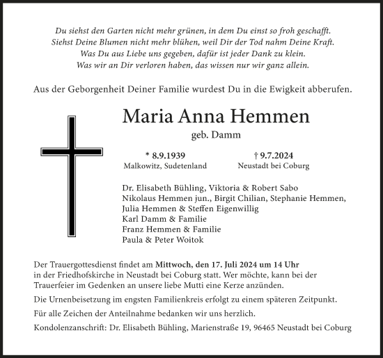 Maria Anna Hemmen | Traueranzeige | trauer.inFranken.de