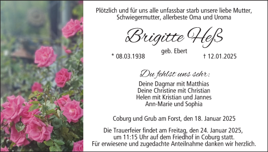Brigitte Heß | Traueranzeige | trauer.inFranken.de