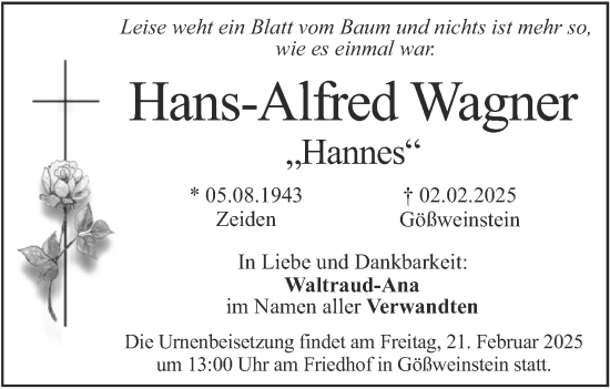 Hans-Alfred Wagner | Traueranzeige | trauer.inFranken.de