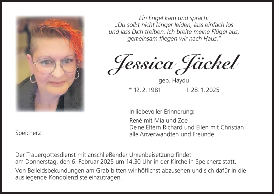 Jessica Jäckel | Traueranzeige | trauer.inFranken.de