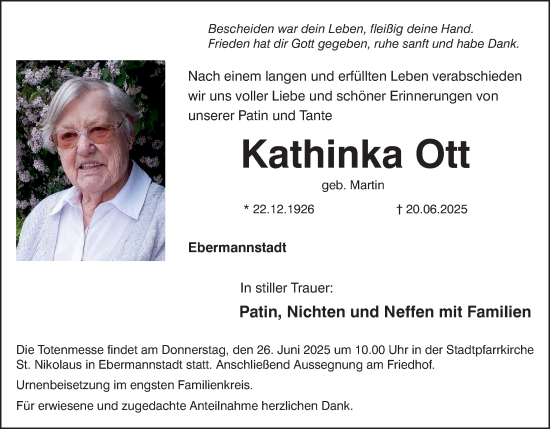 Kathinka Ott | Traueranzeige | trauer.inFranken.de