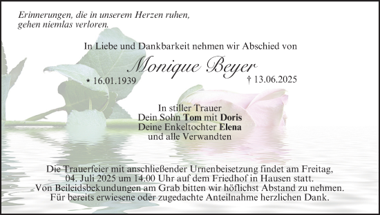 Monique Beyer | Traueranzeige | trauer.inFranken.de