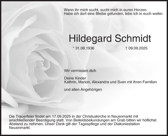 Hildegard Schmidt | Traueranzeige | trauer.inFranken.de